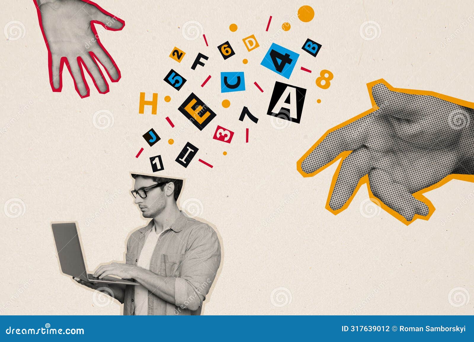 Composite Creative Photo Collage of Clever Young Specialist Programmer Look at Laptop Write Code ...