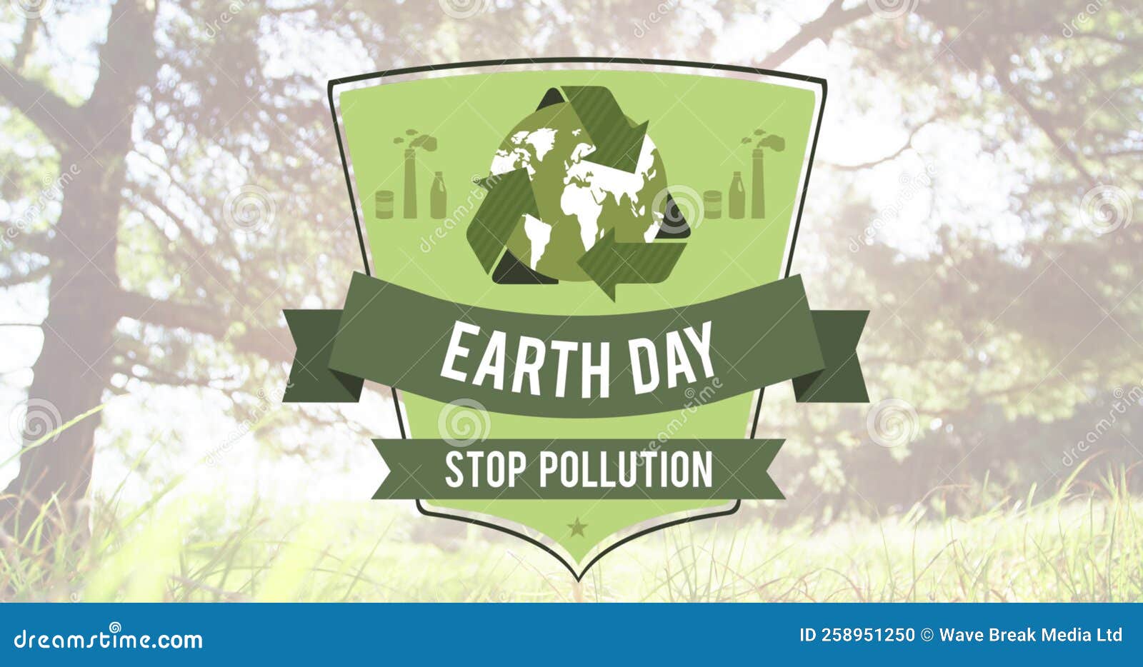 Composite of Earth Day and Stop Pollution Text with Globe Over Trees in ...