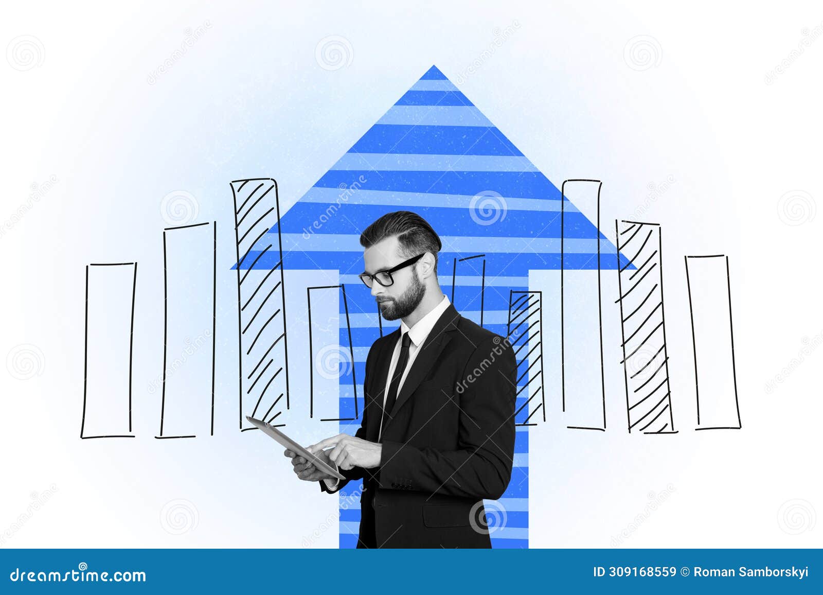 Composite Graphics Collage Image of Young Successful Businessman Hold ...