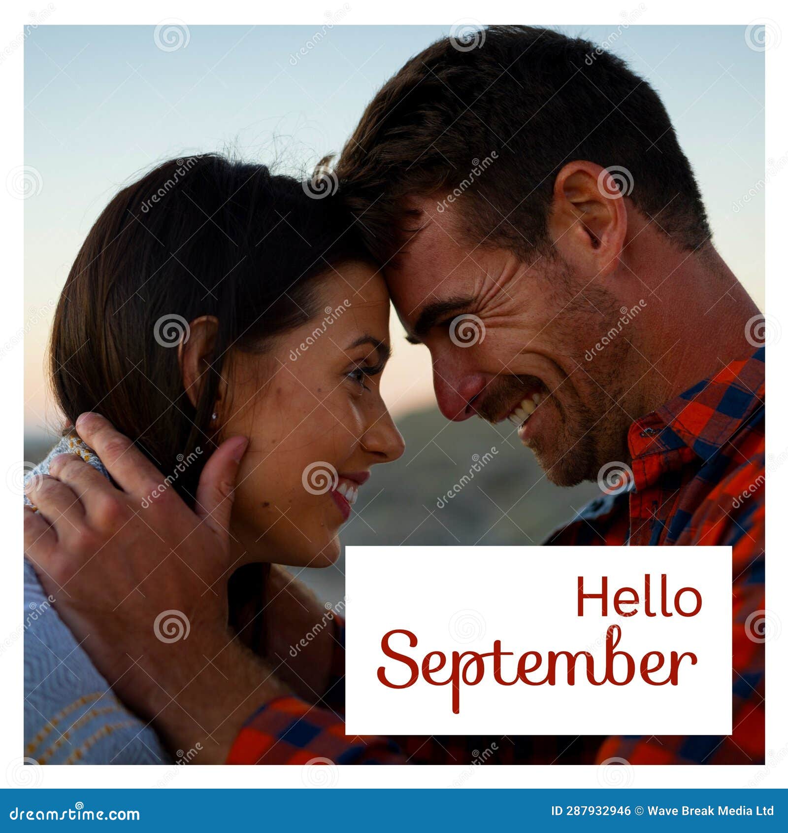 Composite of Hello September Text Over Caucasian Couple on Beach Stock ...