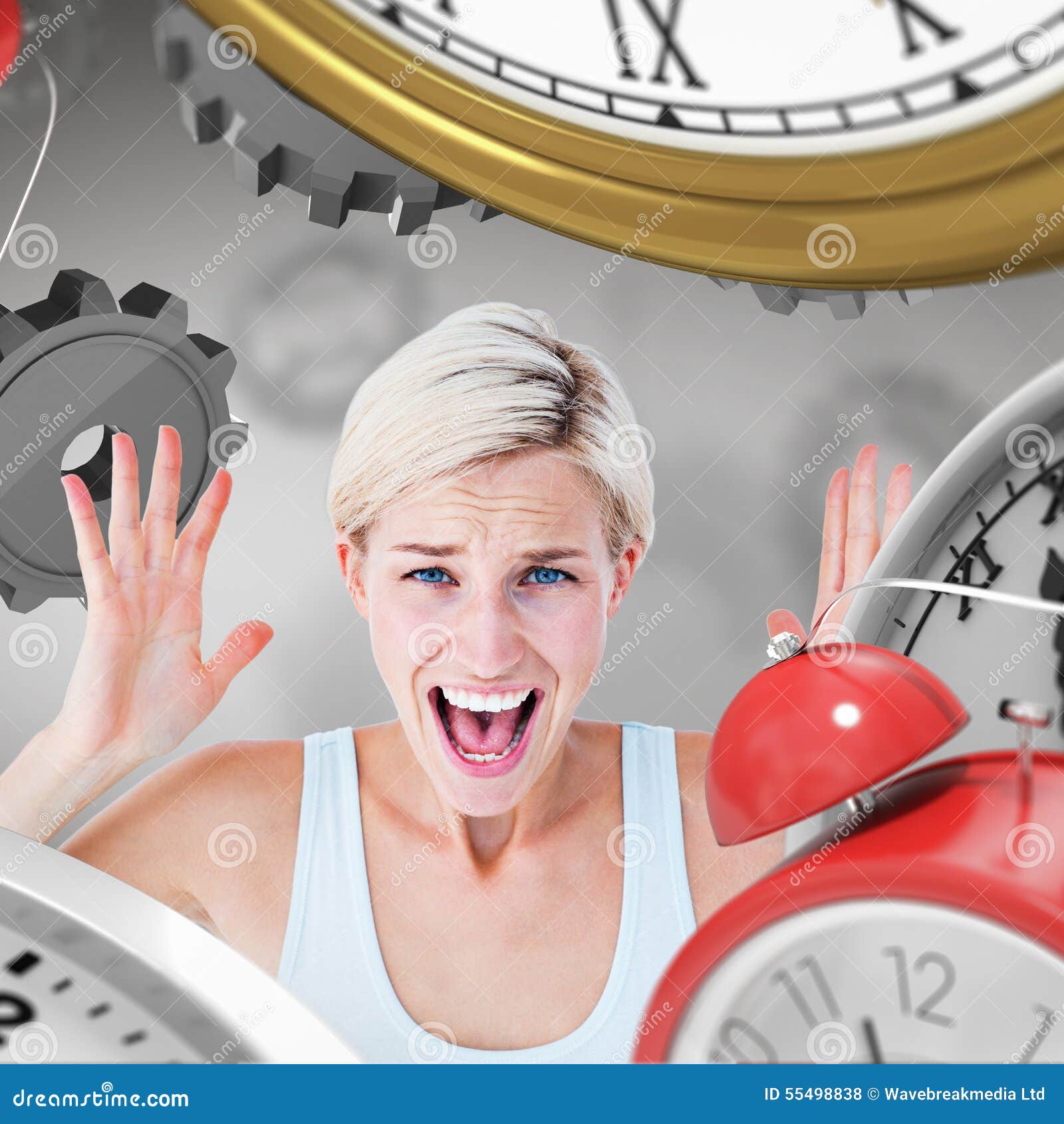 Composite Image of Angry Blonde Screaming with Hands Up Stock Photo ...
