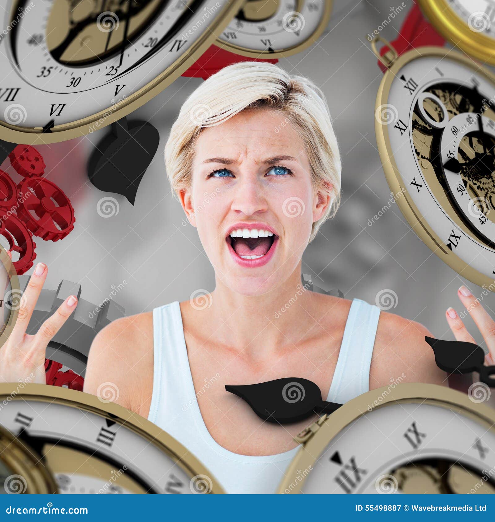 Composite Image of Angry Blonde Yelling with Hands Up Stock Image ...