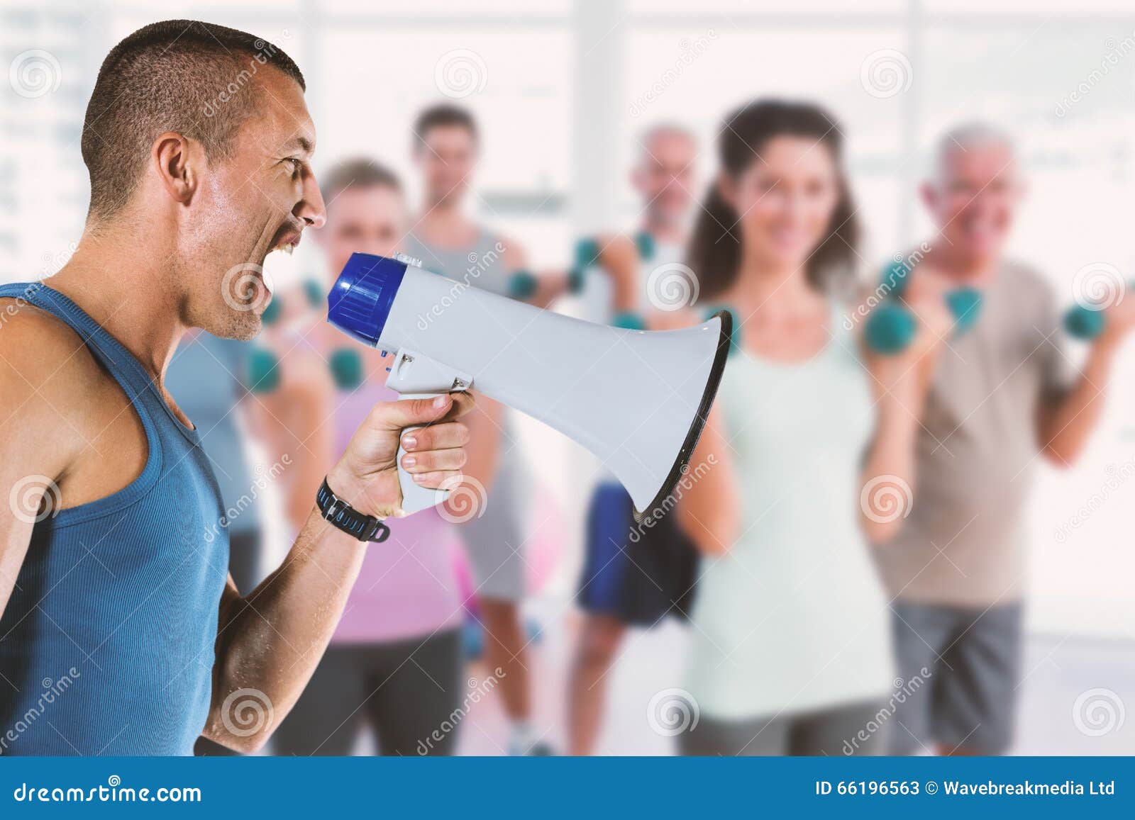 Composite Image of Angry Male Trainer Yelling through Megaphone Stock ...