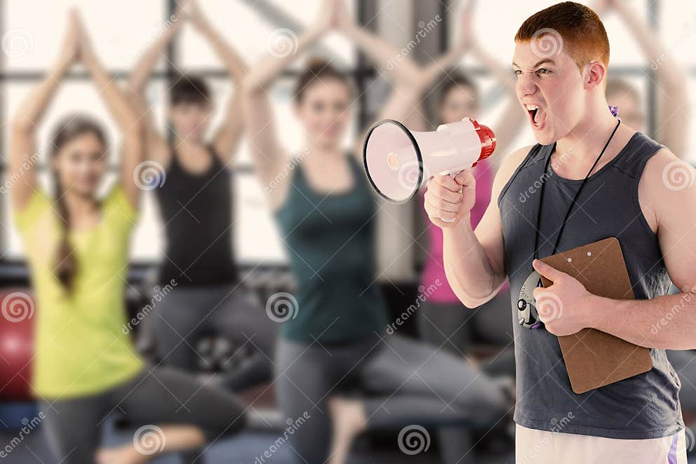 Composite Image of Angry Personal Trainer Yelling through Megaphone ...