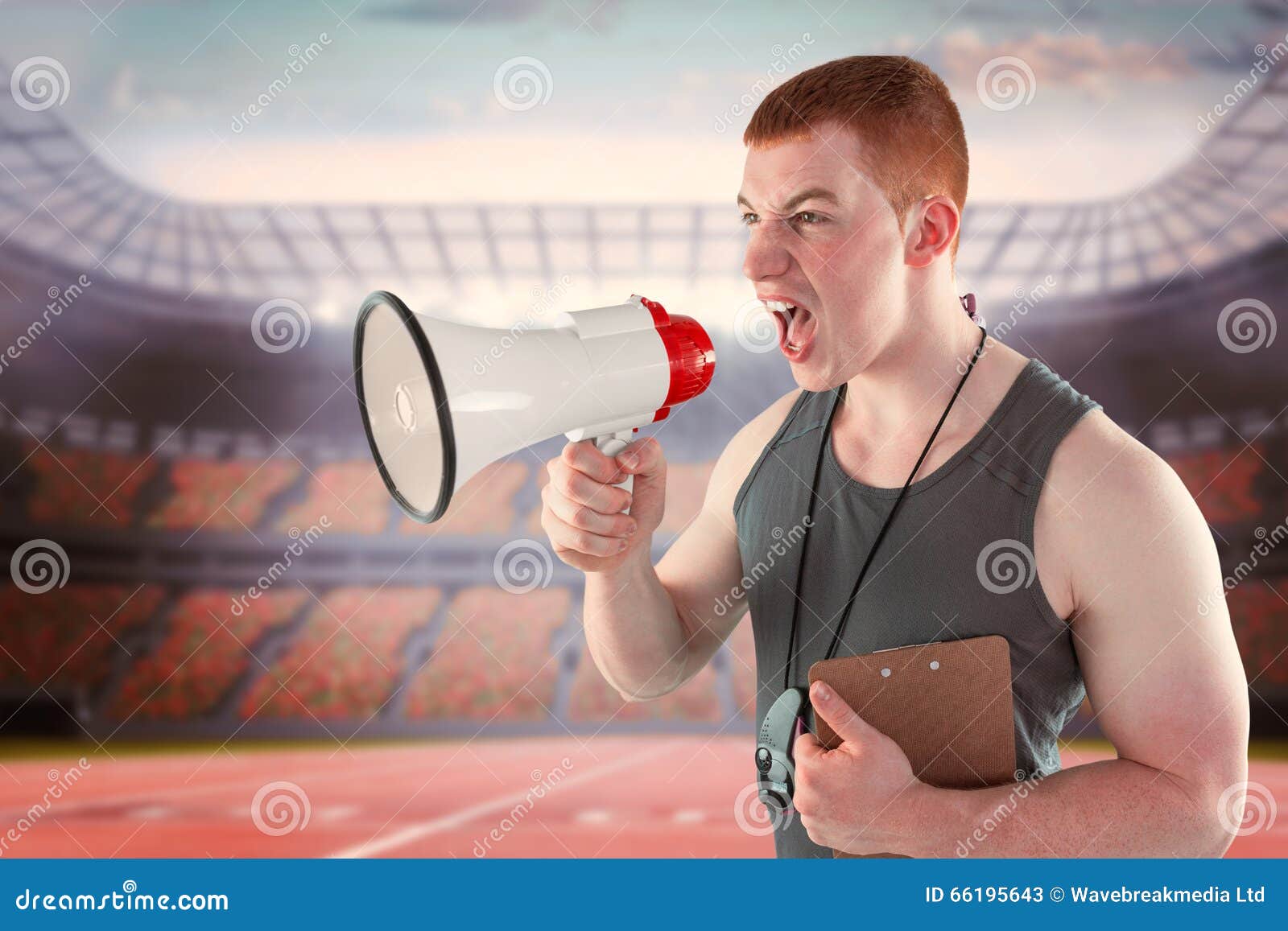 Composite Image of Angry Personal Trainer Yelling through Megaphone ...