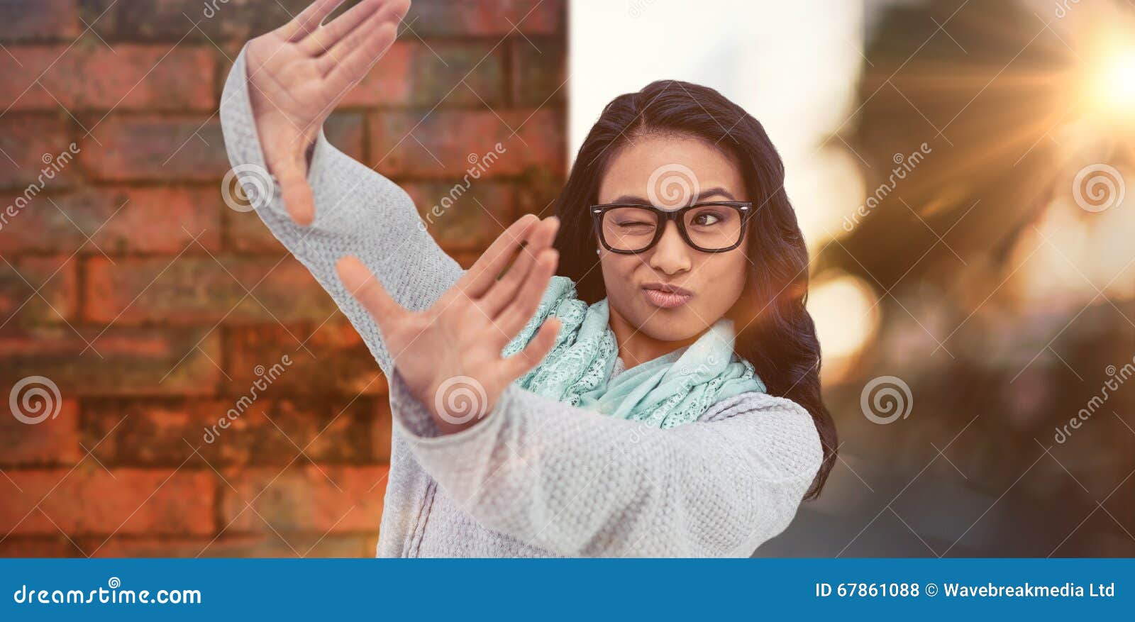 Composite Image of Asian Woman Making Square with Hands Stock Photo ...