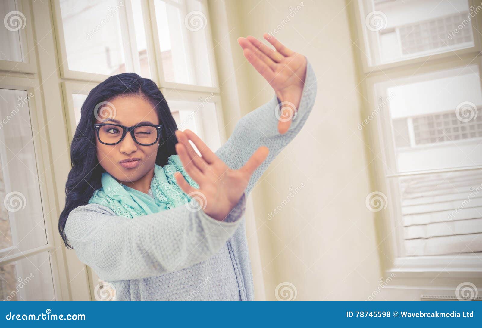 Composite Image of Asian Woman Making Square with Hands Stock Photo ...