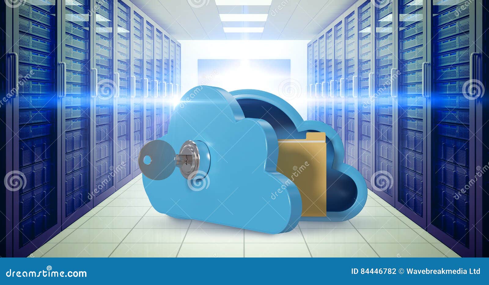 Composite Image of Blue Locker in Cloud Shape with Key and Folder 3d ...