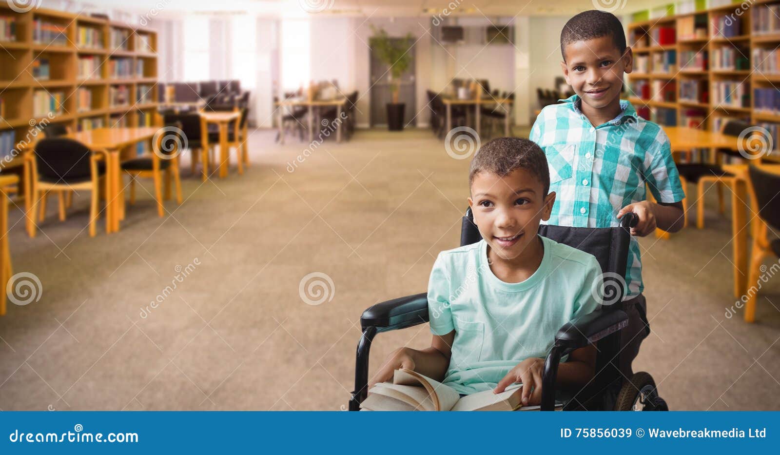 Composite Image of Boy Pushing Friend on Wheelchair Stock Image - Image ...