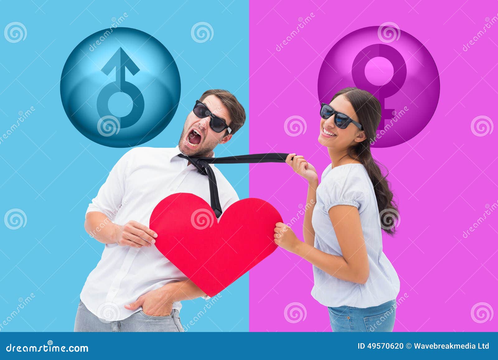 Composite Image of Brunette Pulling Her Boyfriend by the Tie Holding ...
