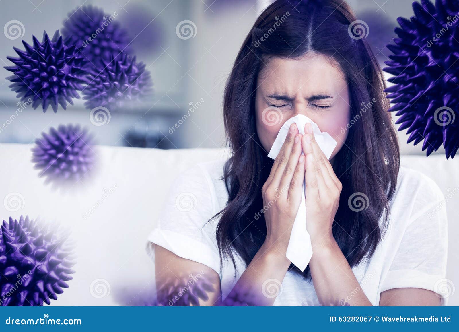 Composite Image of Brunette Sneezing in a Tissue Stock Image - Image of ...
