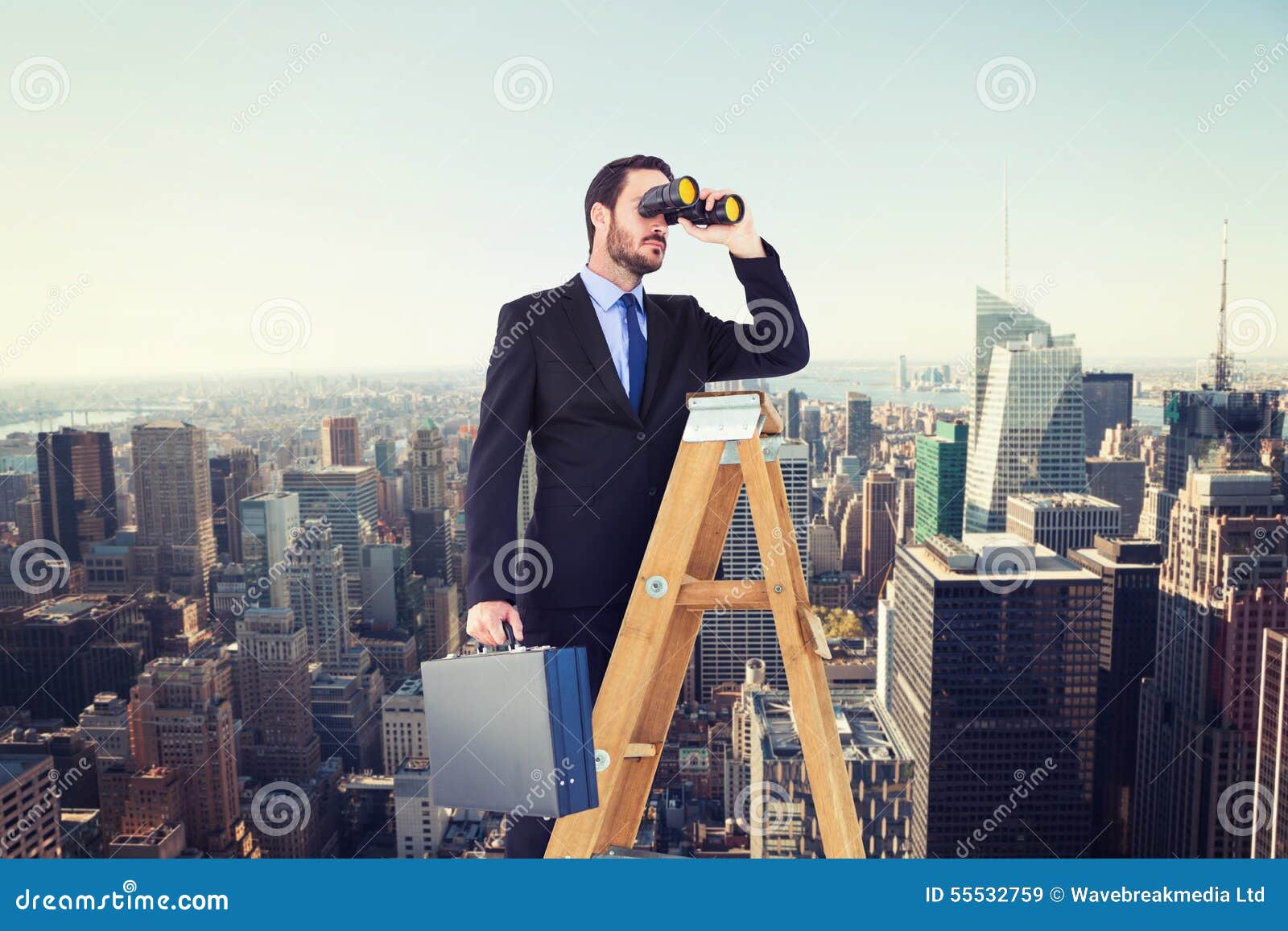 Composite Image of Businessman Looking on a Ladder Stock Image - Image ...