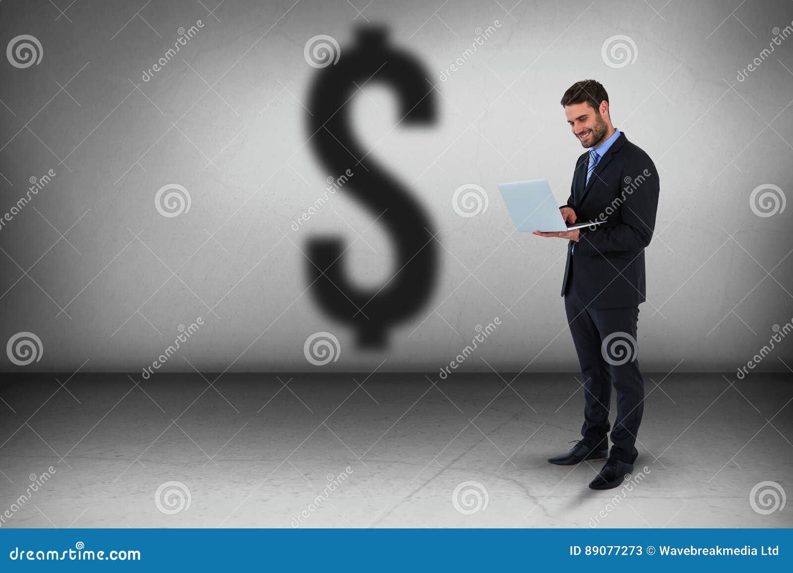Composite Image of Businessman Standing while Using Laptop Computer ...