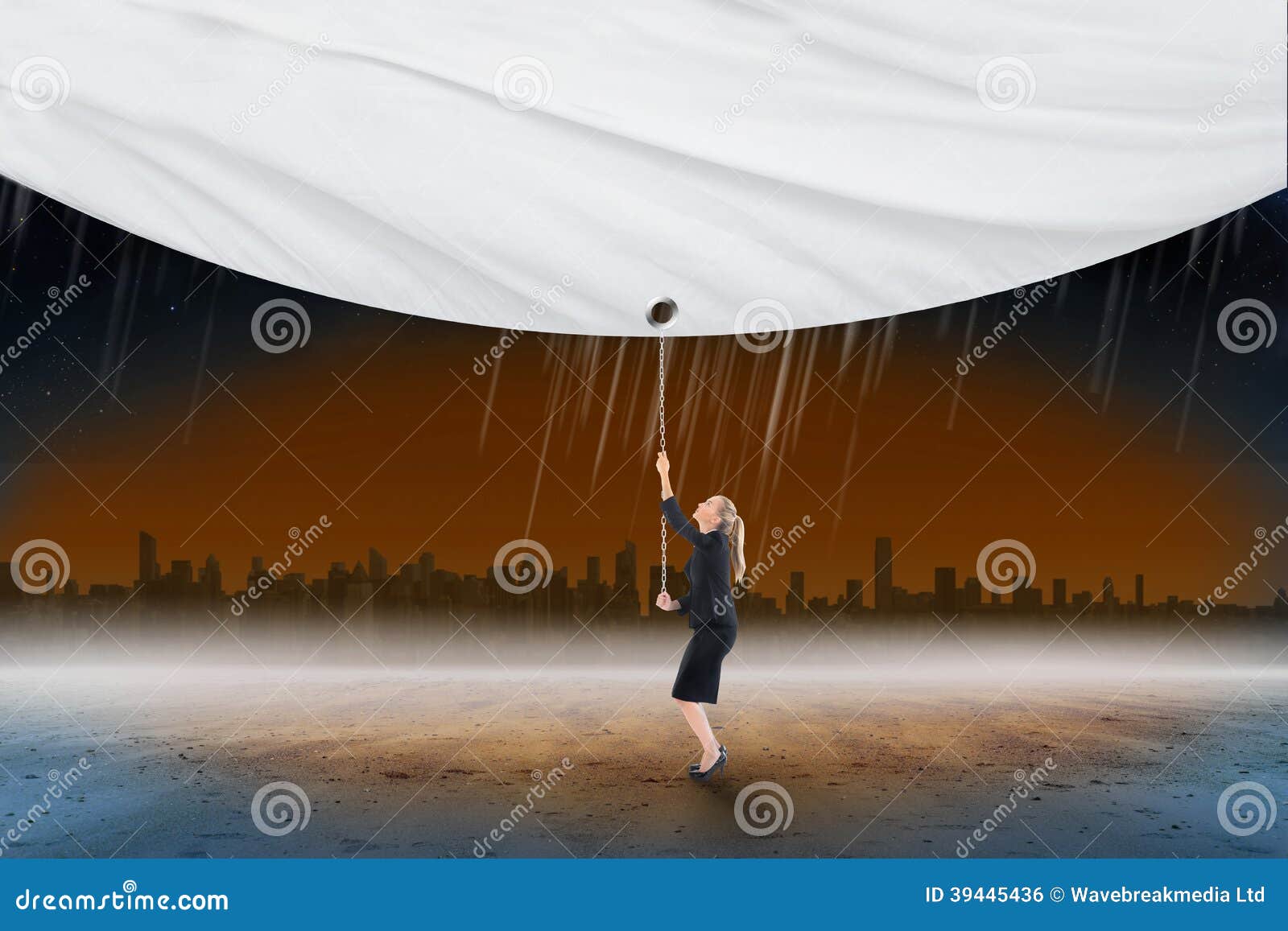 Composite Image of Businesswoman Pulling a White Screen Stock Photo ...