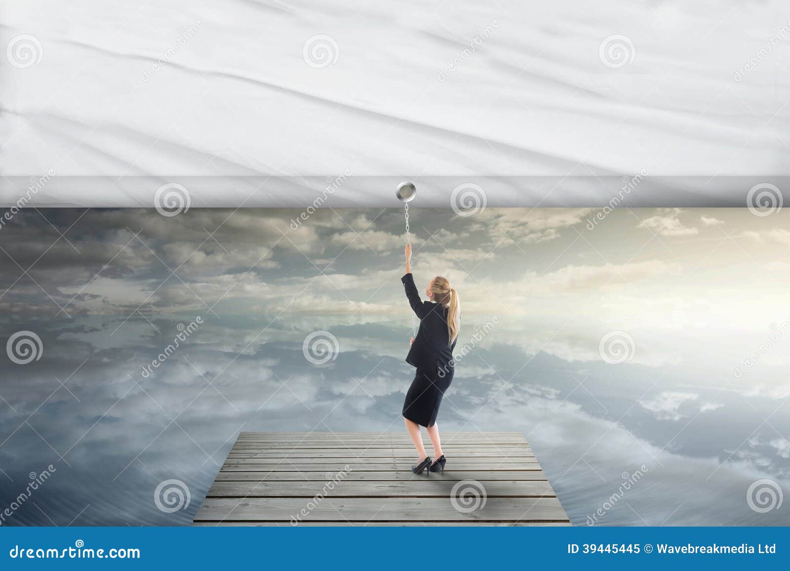 Composite Image of Businesswoman Pulling a White Screen Stock Image ...