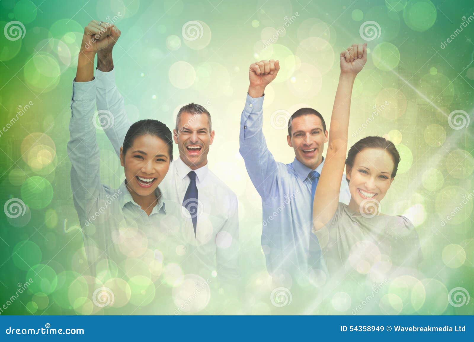 Composite Image of Cheerful Work Team Posing with Hands Up Stock Image ...