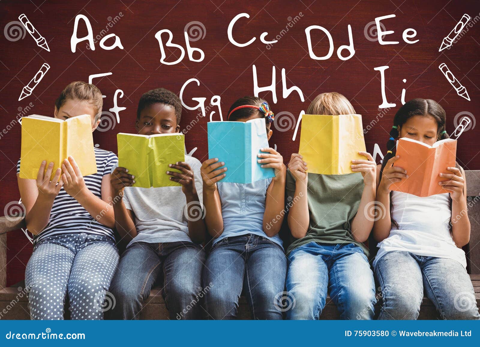 Composite Image of Children Reading Books at Park Stock Photo - Image ...