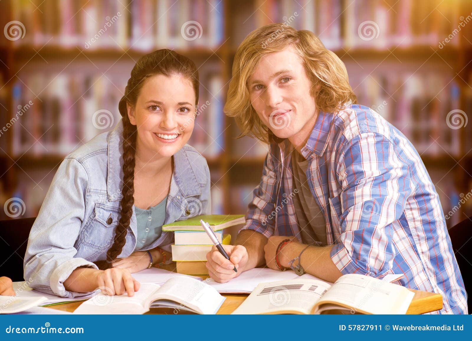 Composite Image of College Students Doing Homework in Library Stock ...