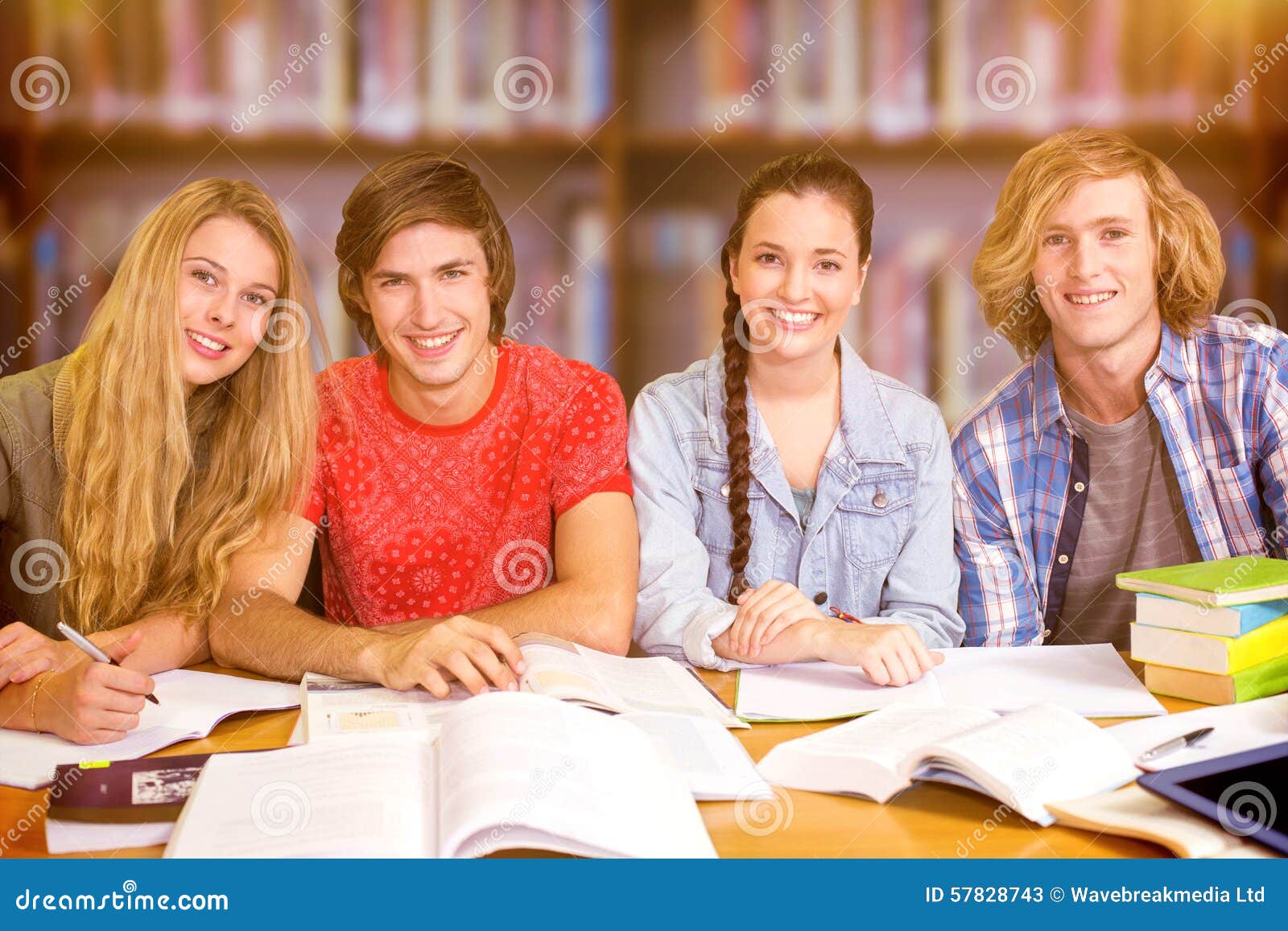 Composite Image of College Students Doing Homework in Library Stock ...