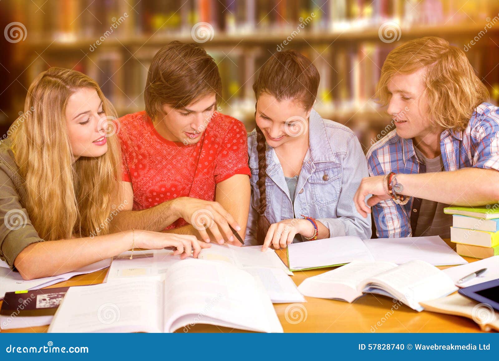 Composite Image of College Students Doing Homework in Library Stock ...