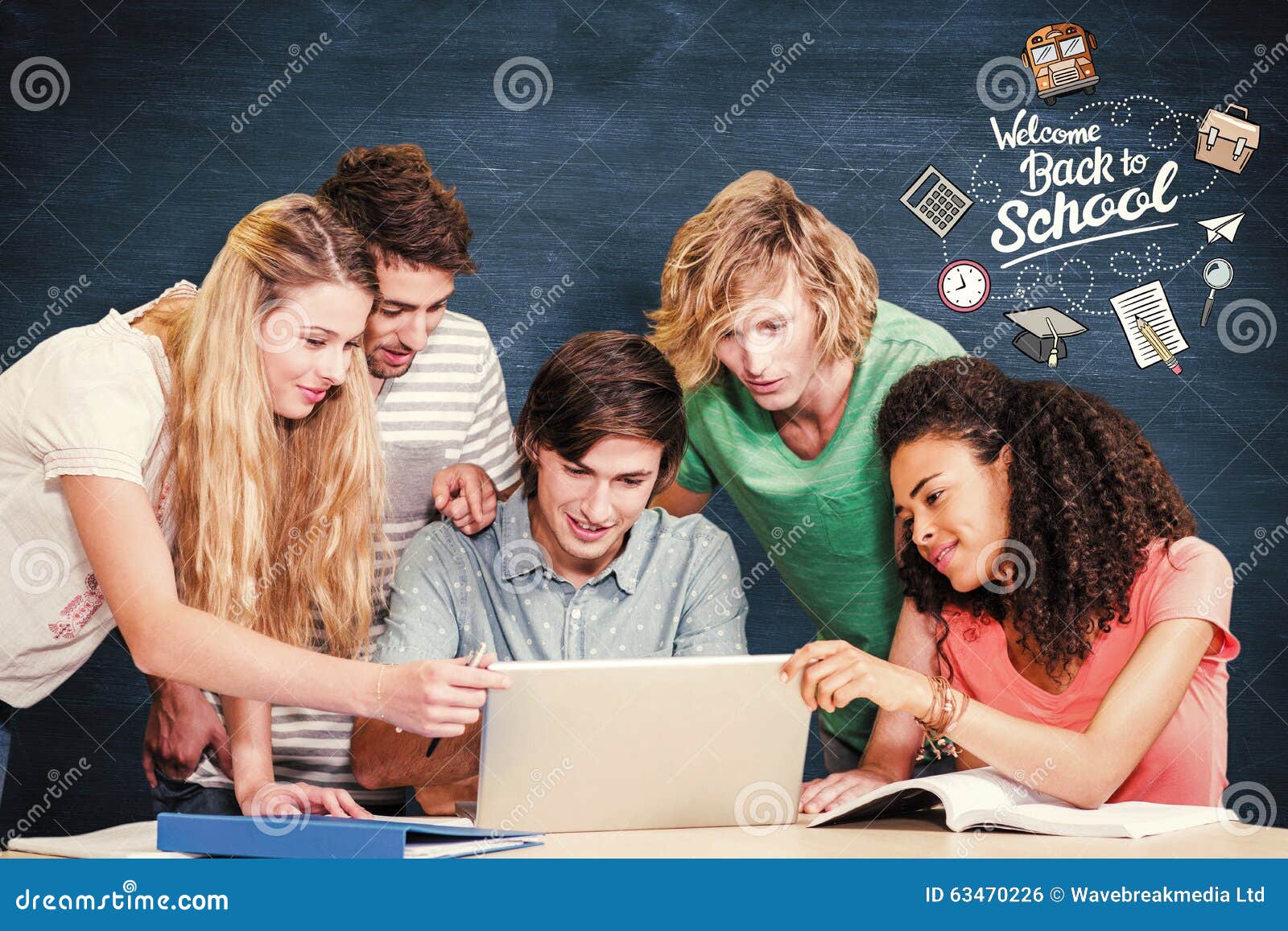 Composite Image of College Students Using Laptop in Library Stock Photo ...