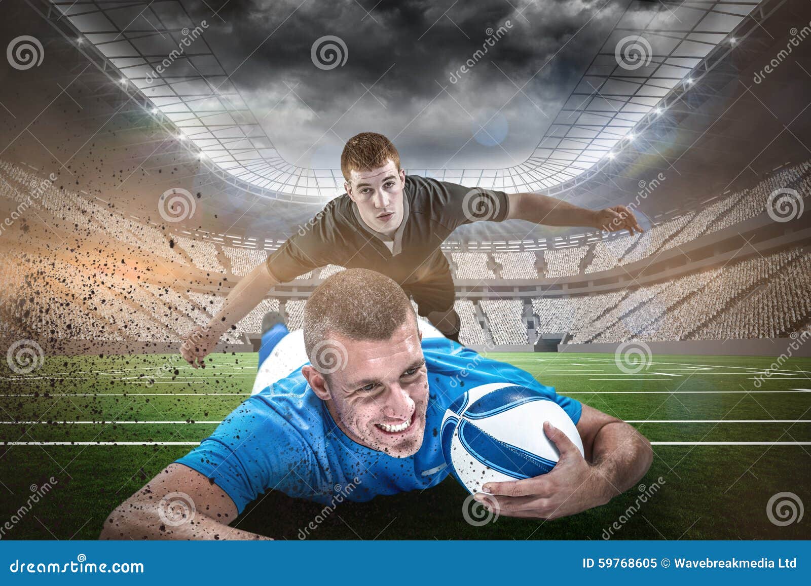 Composite Image of Confident Rugby Player Lying in Front with Ball ...
