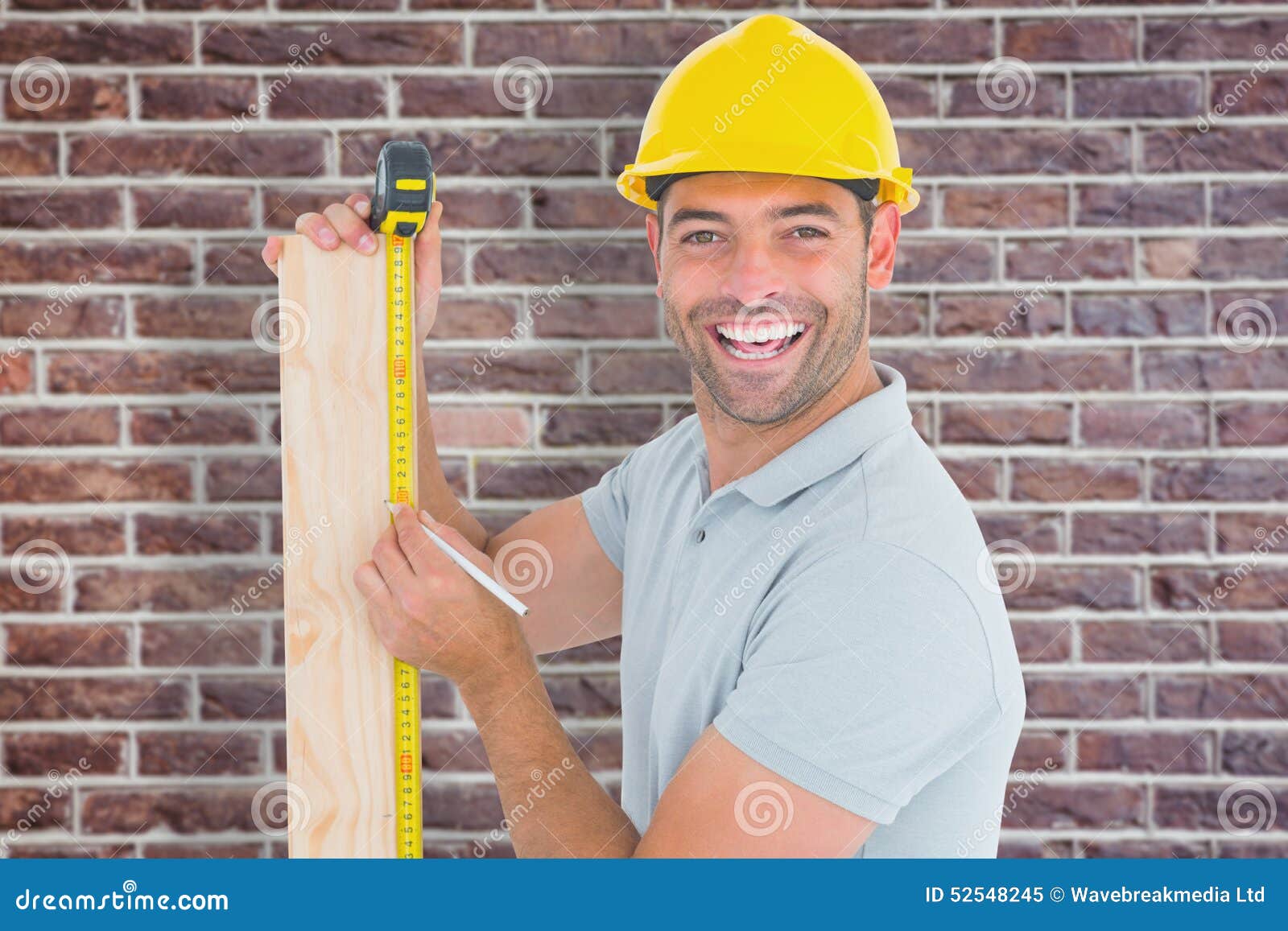 Composite Image of Construction Worker Using Measure Tape To Mark on ...