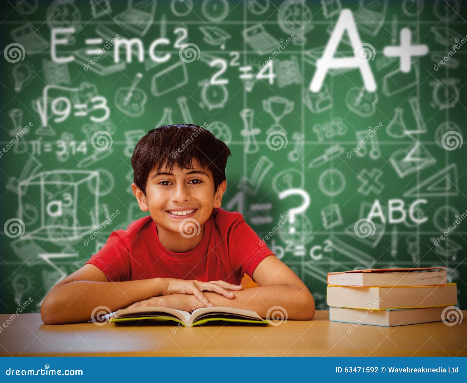 Composite Image of Cute Boy Reading Book in Library Stock Photo - Image ...