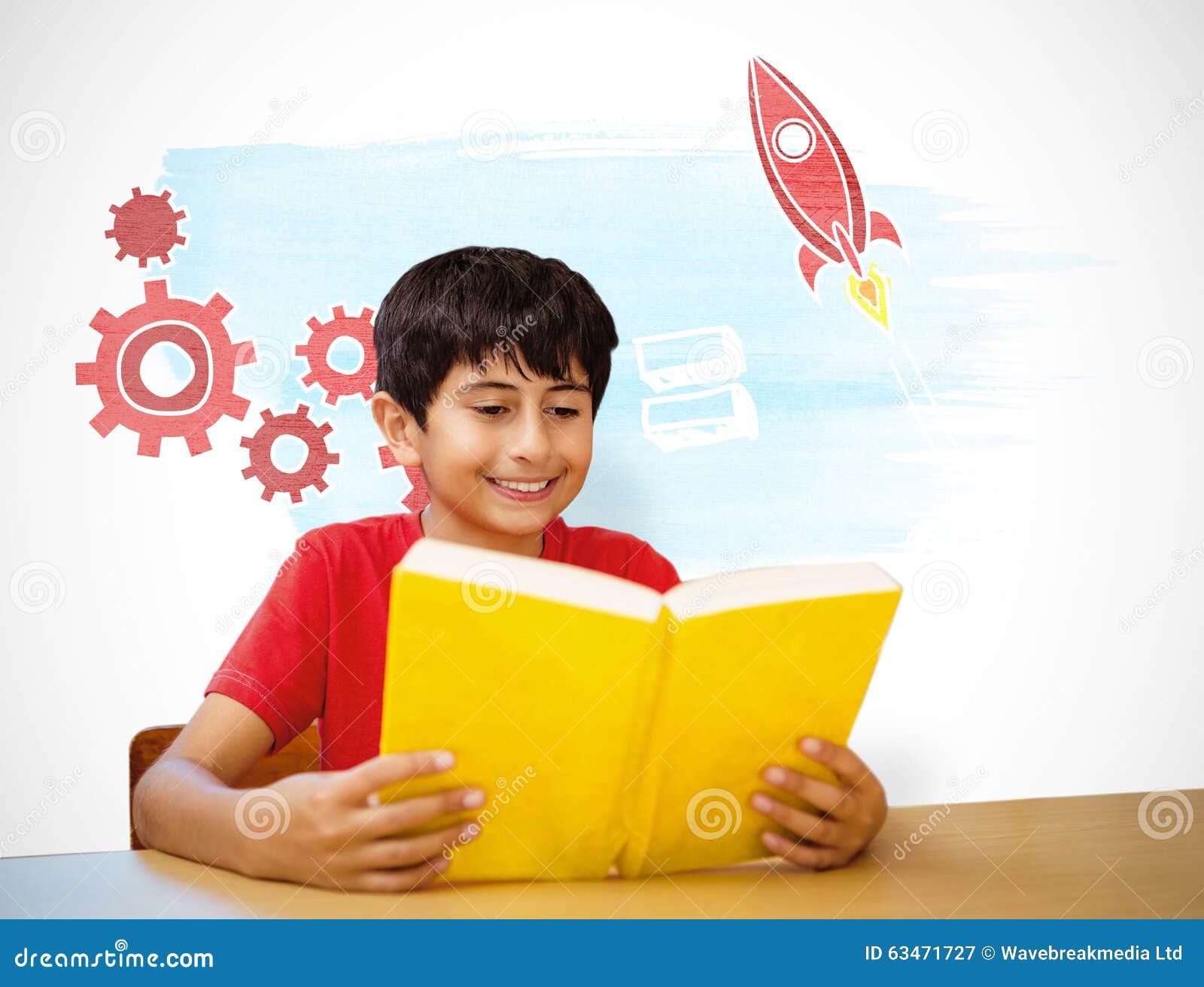 Composite Image of Cute Boy Reading Book in Library Stock Image - Image ...