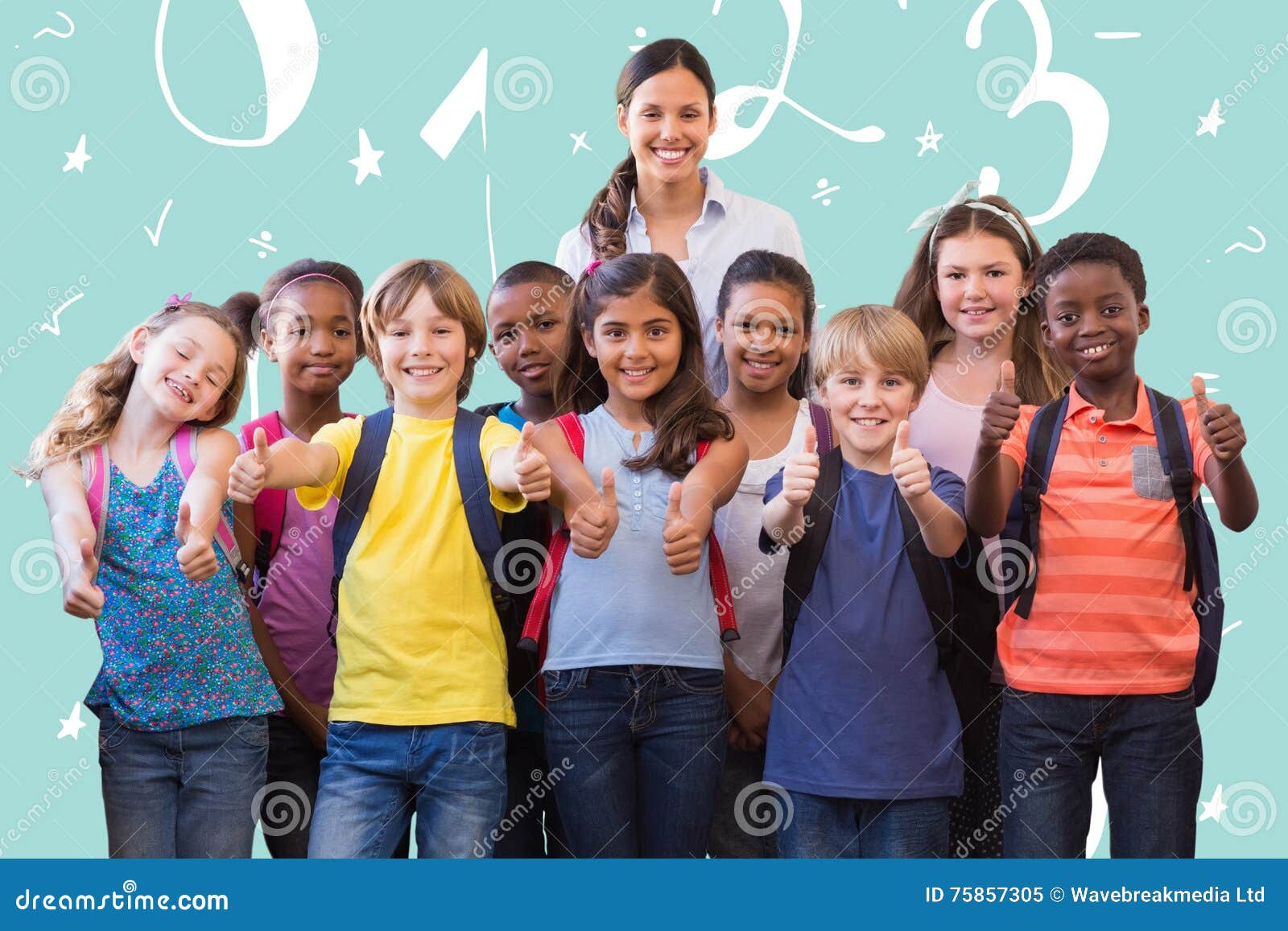 Composite Image of Cute Pupils Smiling at Camera in the Hall Stock ...