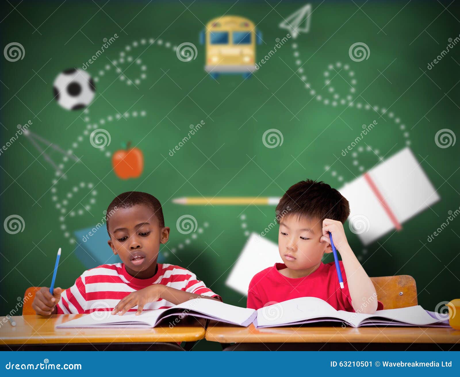 Composite Image of Cute Pupils Writing at Desk in Classroom Stock Image ...