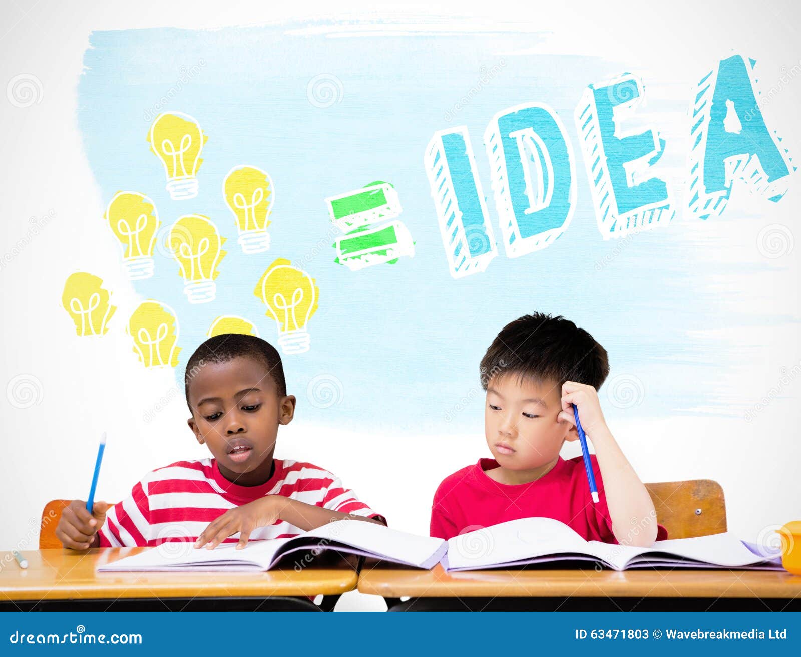 Composite Image of Cute Pupils Writing at Desk in Classroom Stock Image ...