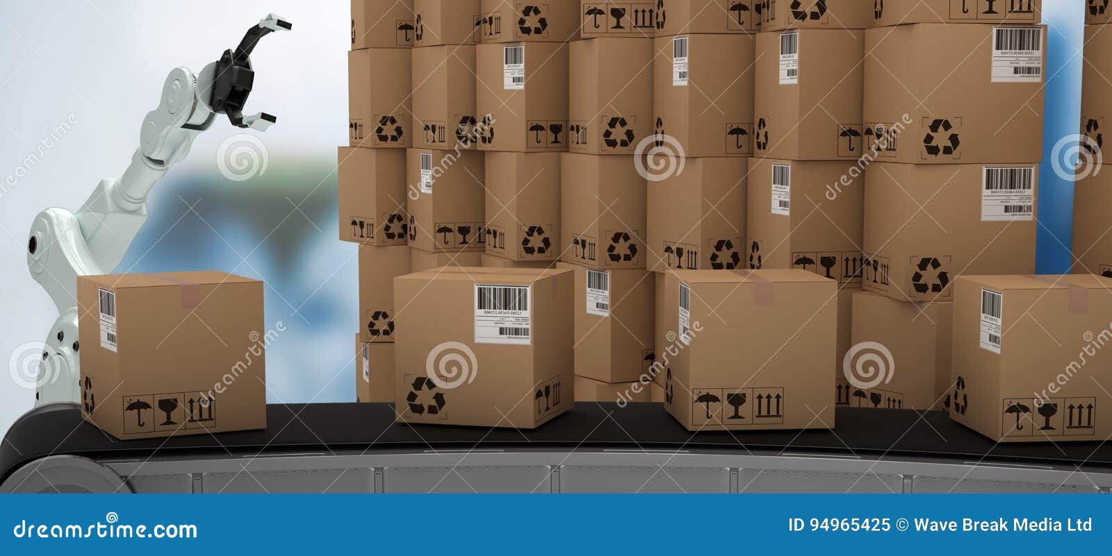 Composite Image of 3d Production Line by Stack of Brown Cardboard Boxes ...