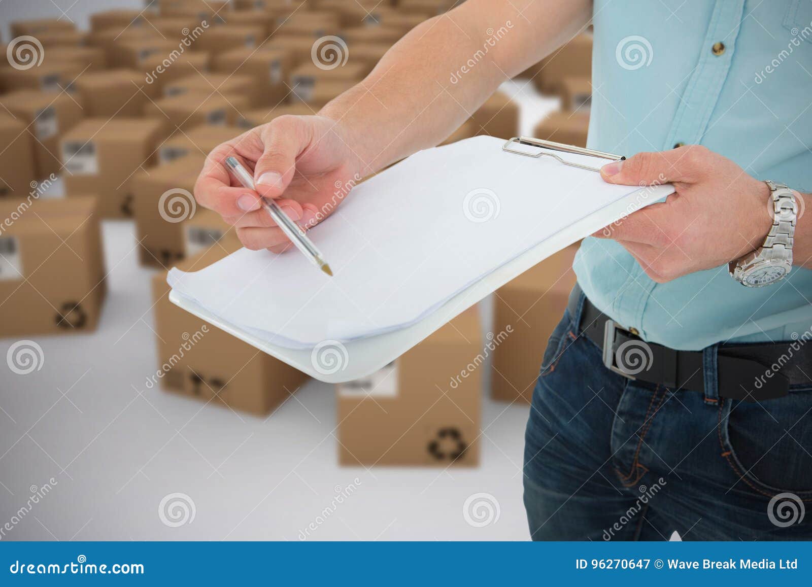 Composite Image of Delivery Man with Clipboard Asking for Signature ...