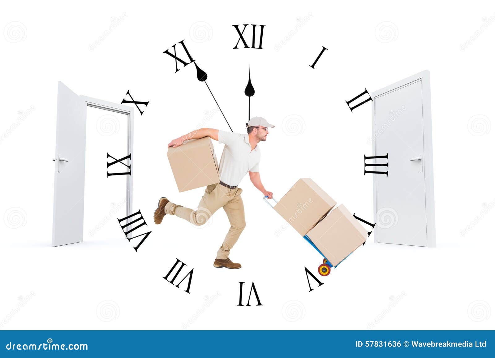Composite Image of Delivery Man with Trolley of Boxes Running Stock ...