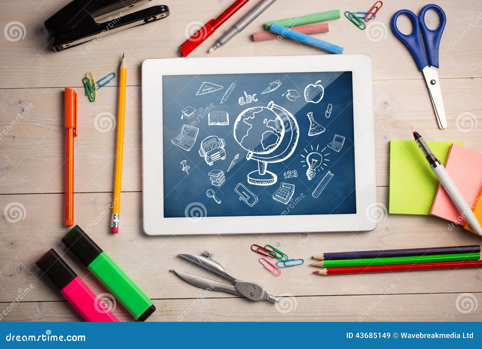 Composite Image of Digital Tablet on Students Desk Stock Image - Image ...