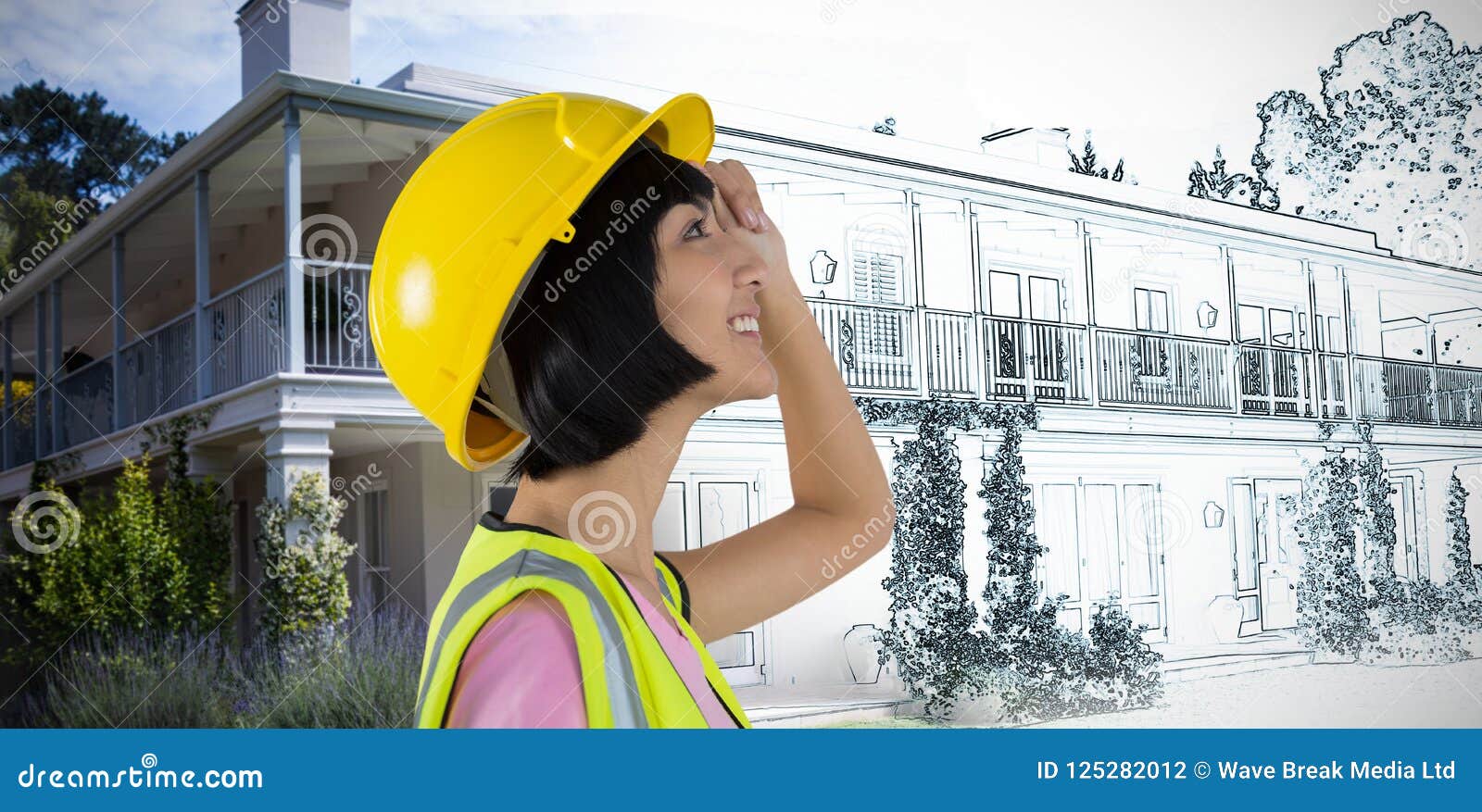 Composite Image of Female Architect in Hard Hat Looking Away Against ... Composite Image of Female Architect in Hard Hat Looking Away Against ...