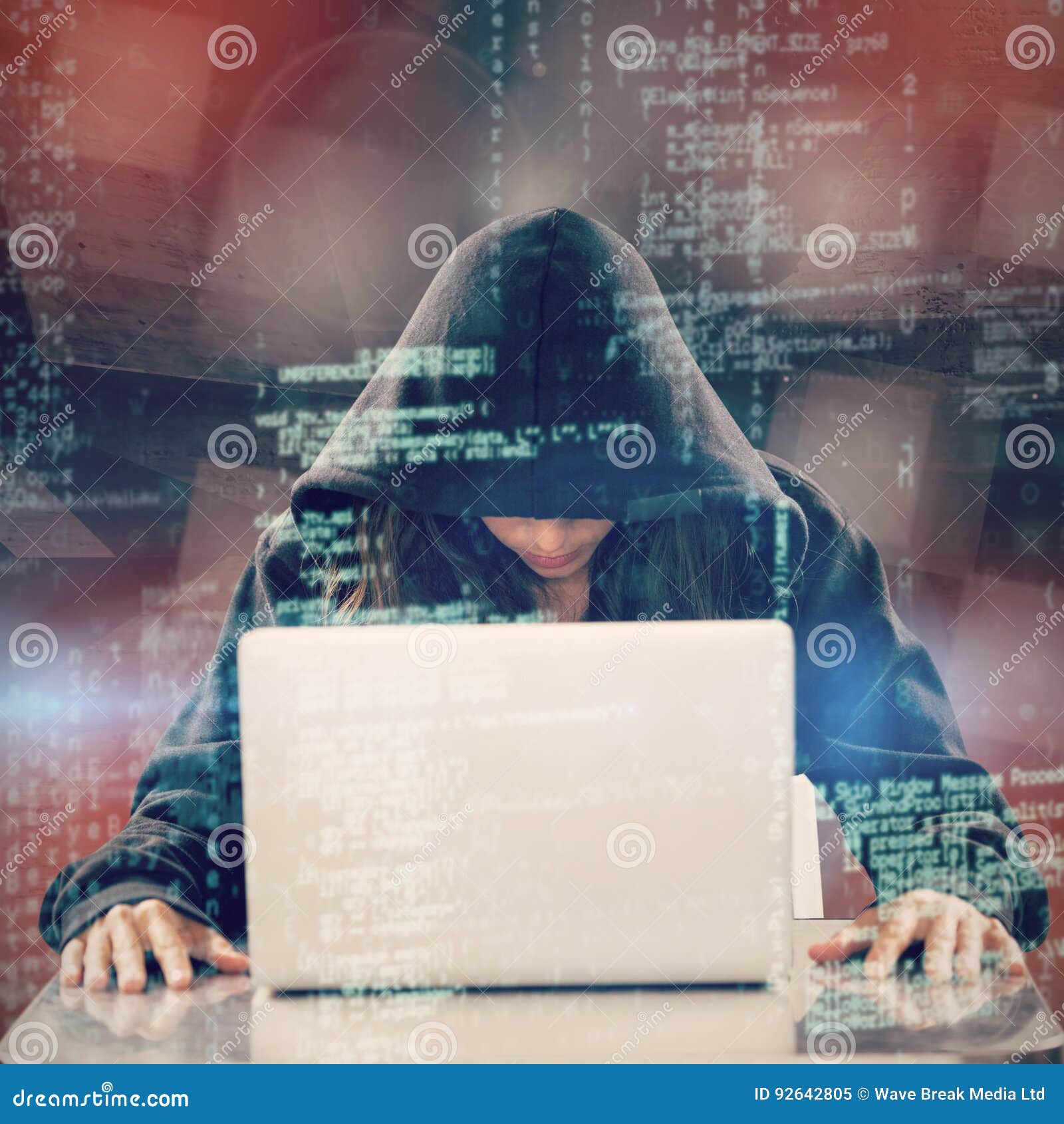 Composite Image of Female Hacker Sitting by Laptop on Table Stock Image ...