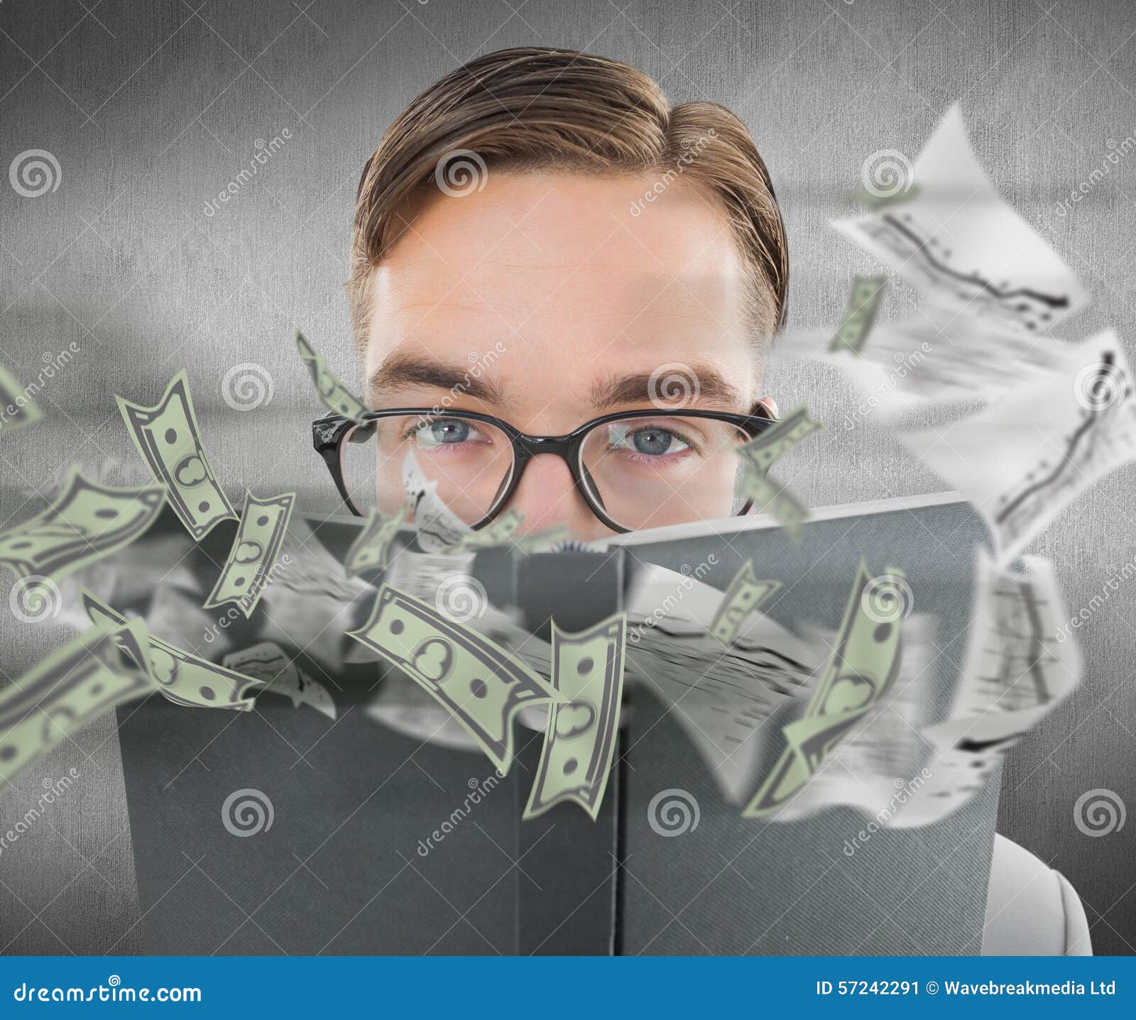 Composite Image of Geeky Man Looking Over Book Stock Image - Image of ...