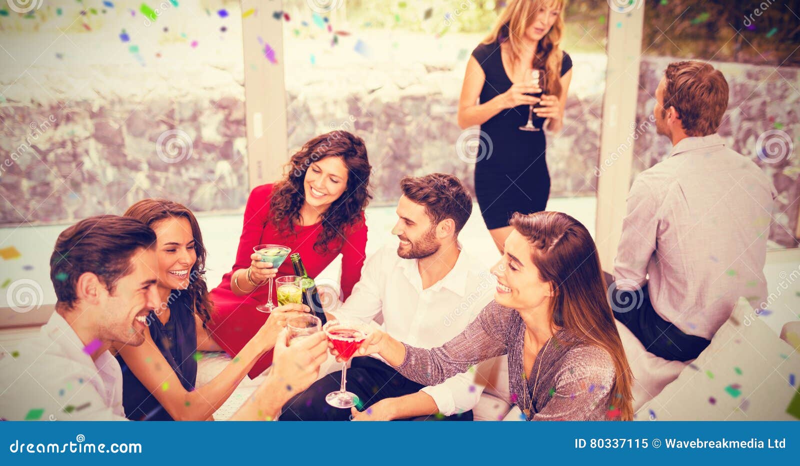 Composite Image Of Group Of Friends Toasting Cocktail Drinks Stock
