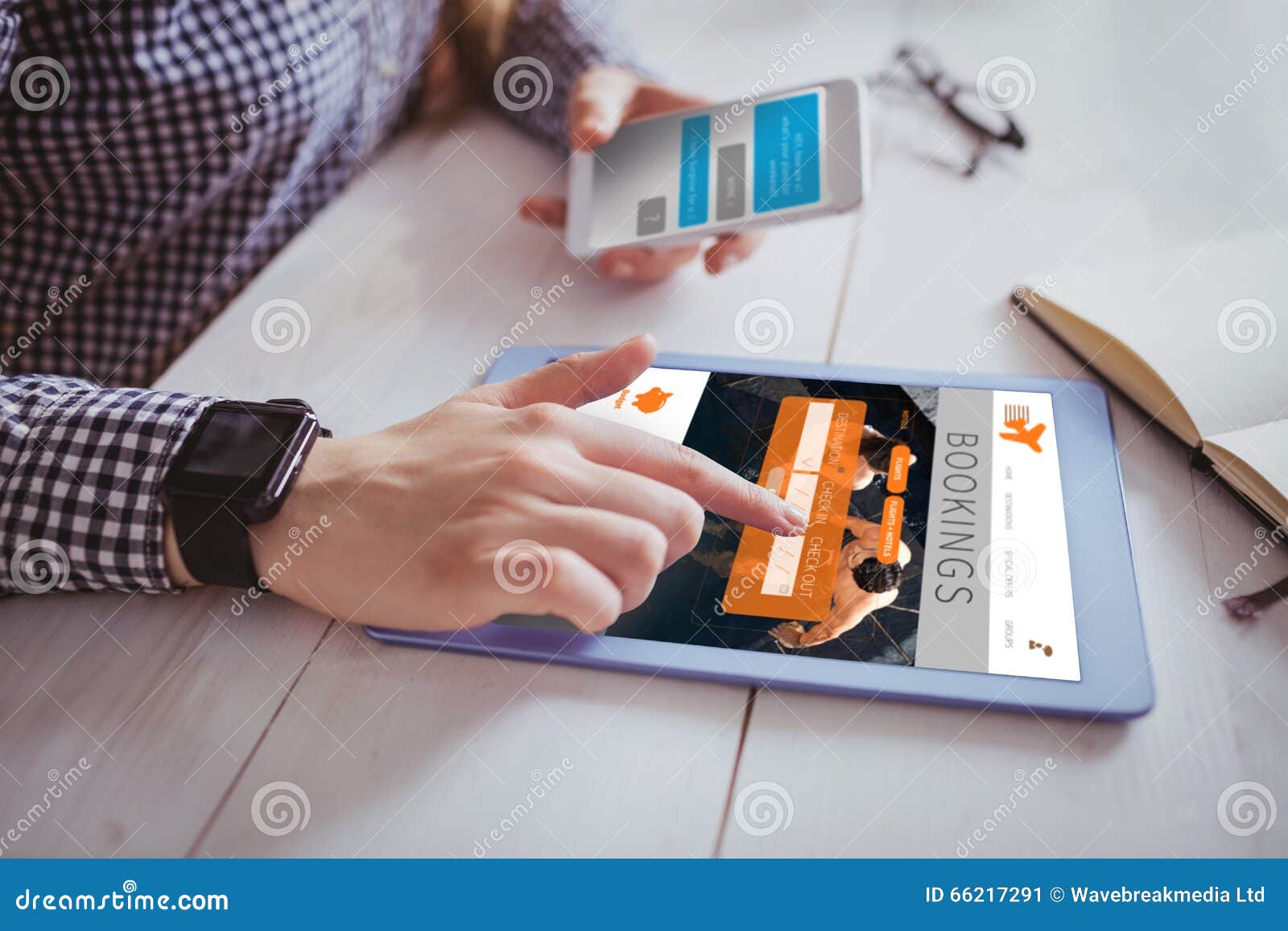 Composite Image of Hand Using Tablet and Smartphone Stock Image - Image ...