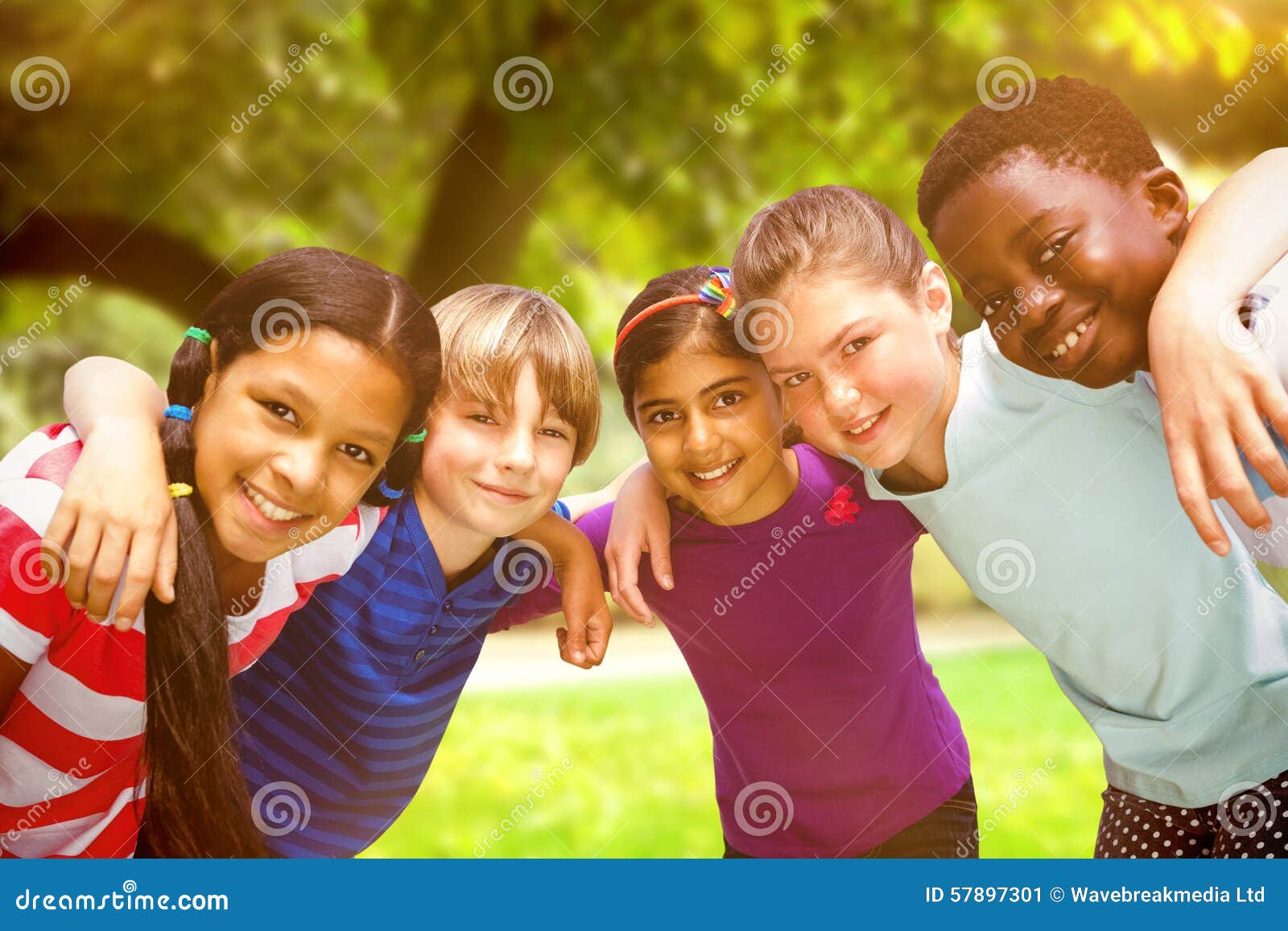 Composite Image of Happy Children Forming Huddle at Park Stock Image ...