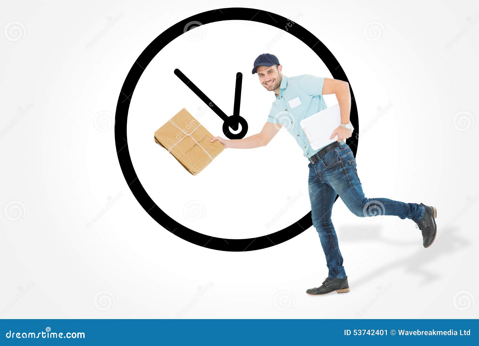 Composite Image of Happy Delivery Man Running with Package Stock ...