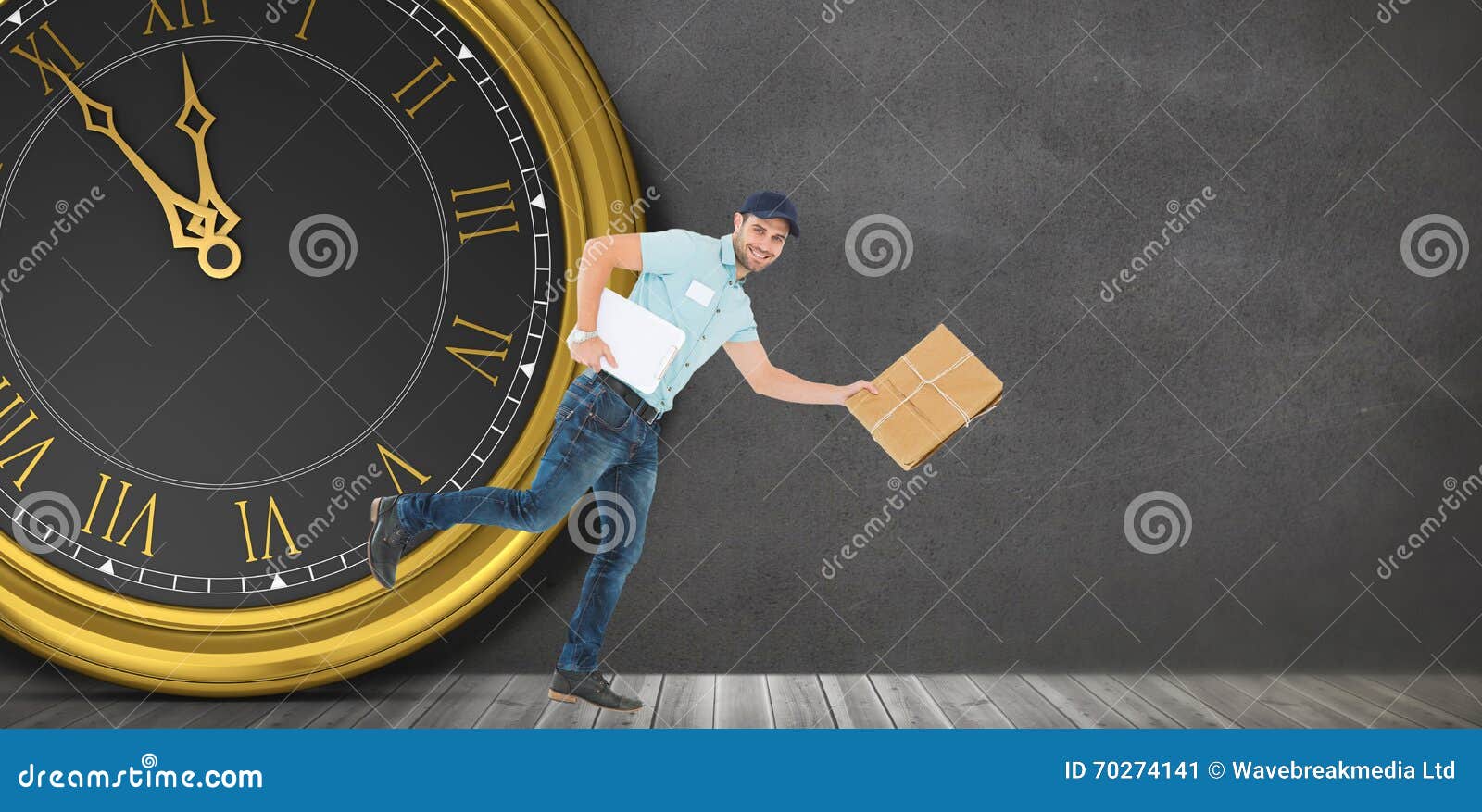 Composite Image of Happy Delivery Man Running with Package Stock Image ...
