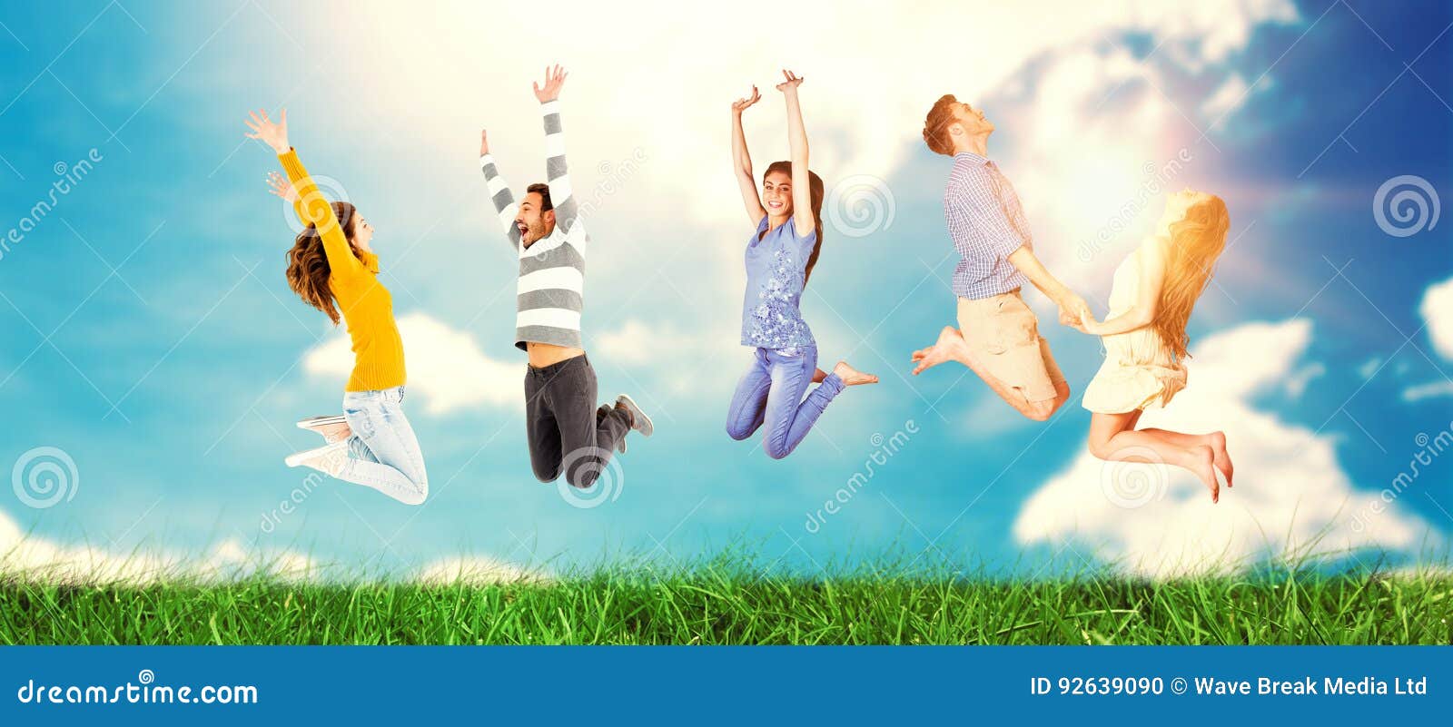 Composite Image of Happy Friends Jumping Stock Photo - Image of clouds ...