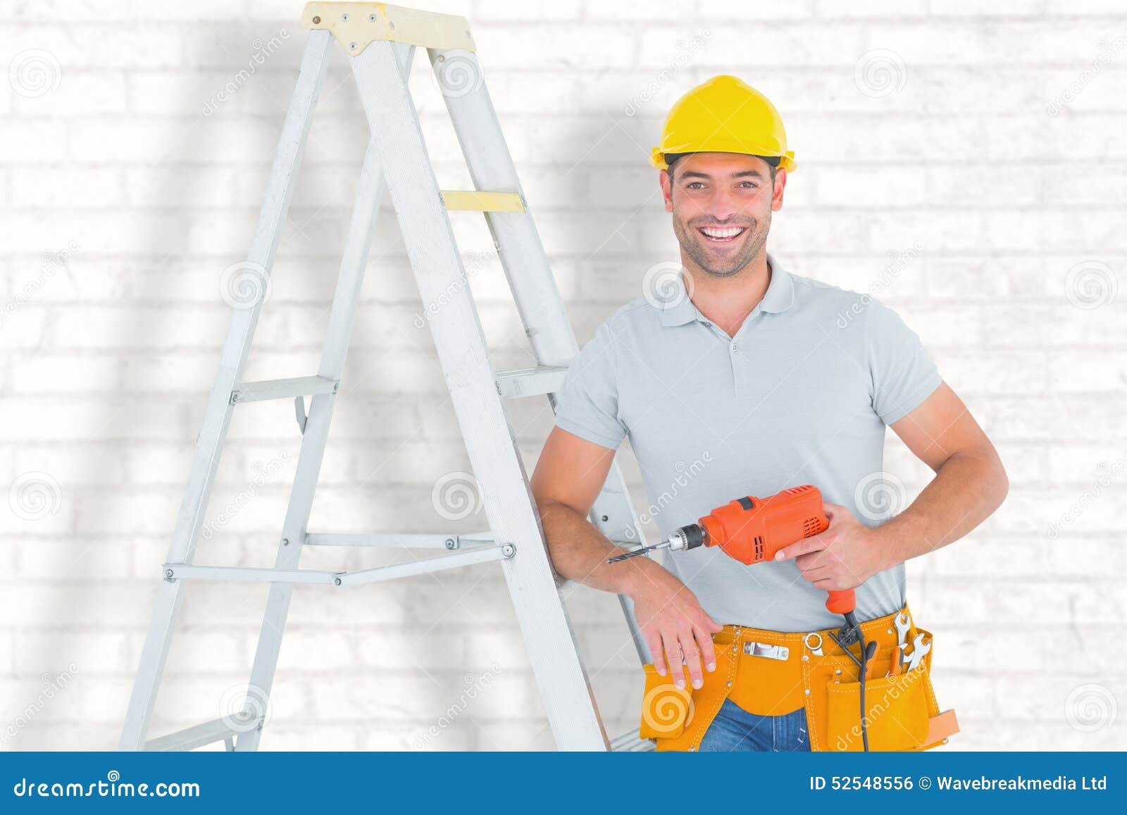Composite Image of Happy Handyman with Power Drill Leaning on Ladder ...
