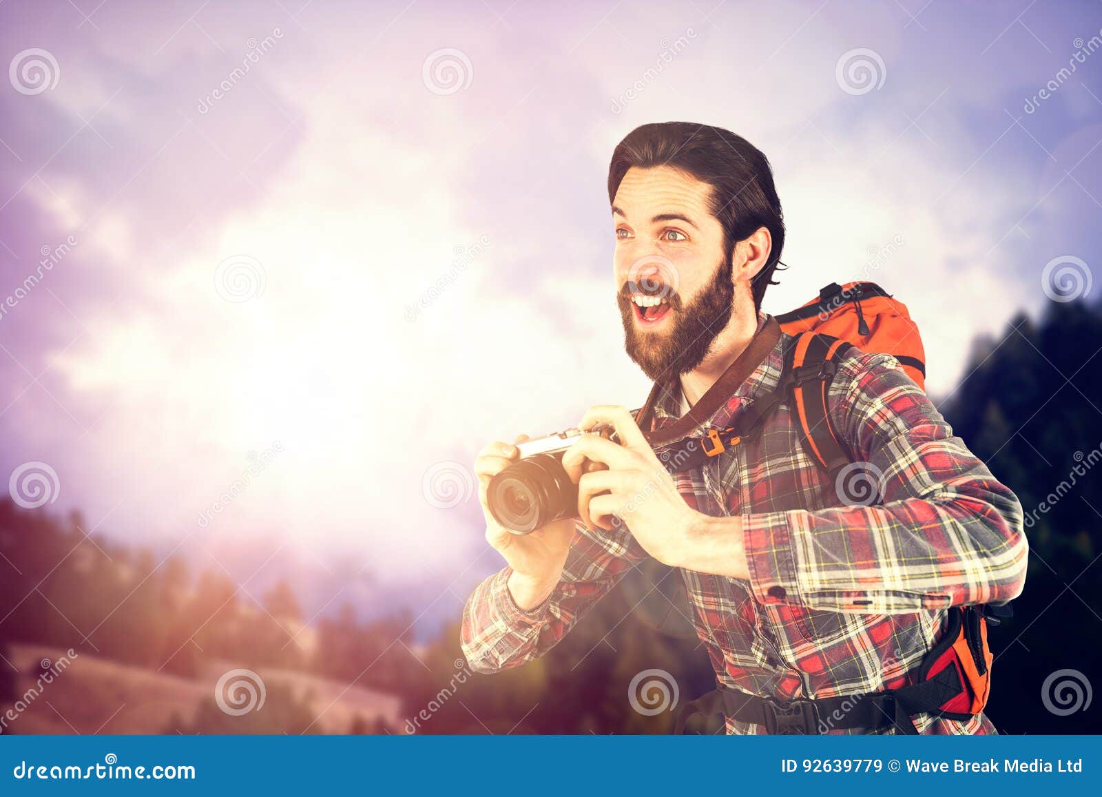 Composite Image of Happy Hiker Taking Picture through Camera Stock ...