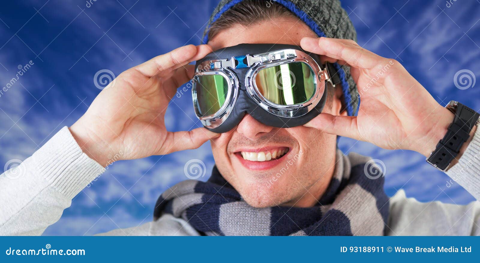 Composite Image of Happy Man Wearing Aviator Goggles Stock Image ...