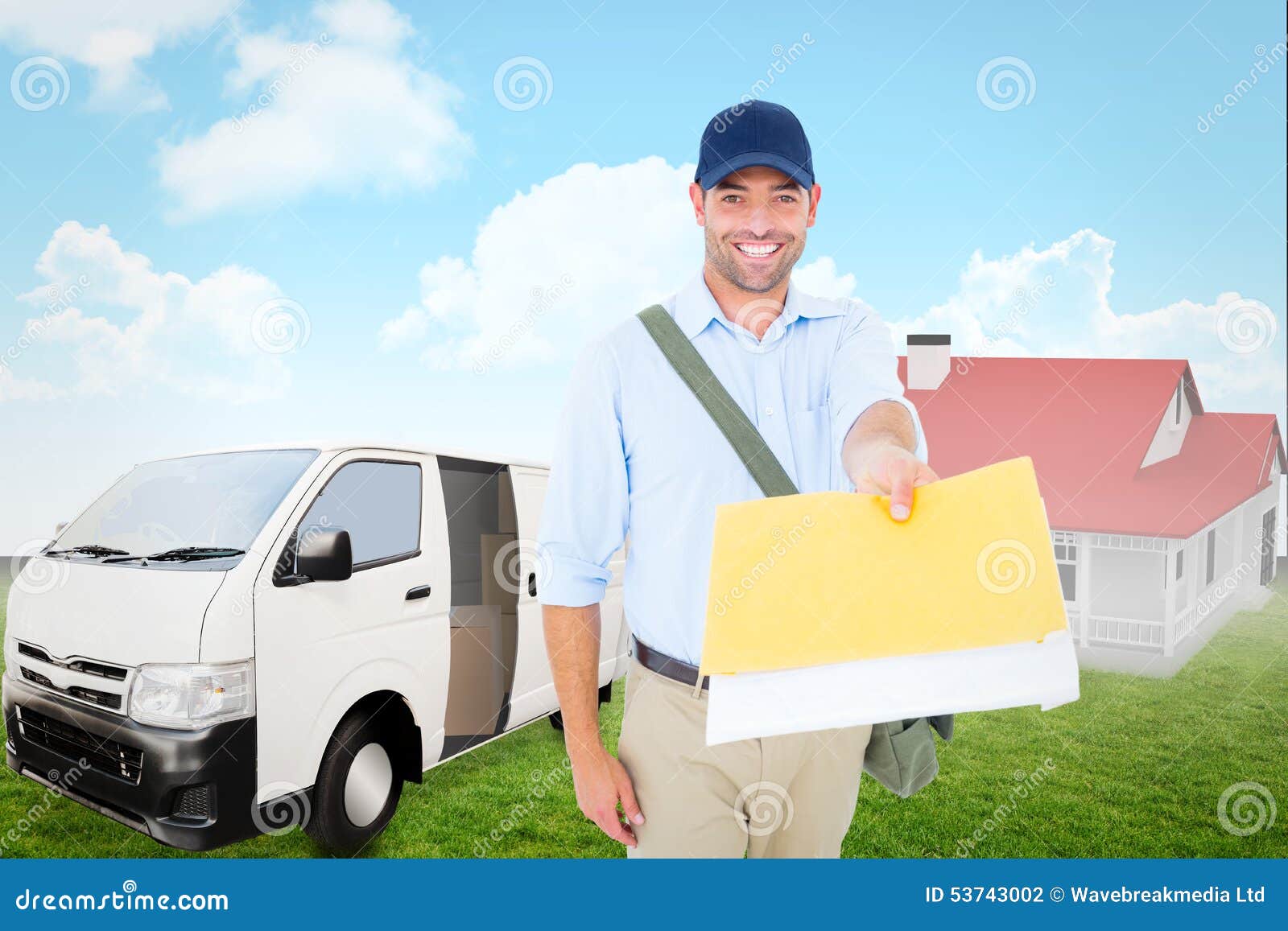 Composite Image of Happy Postman Delivering Letter on White Background ...