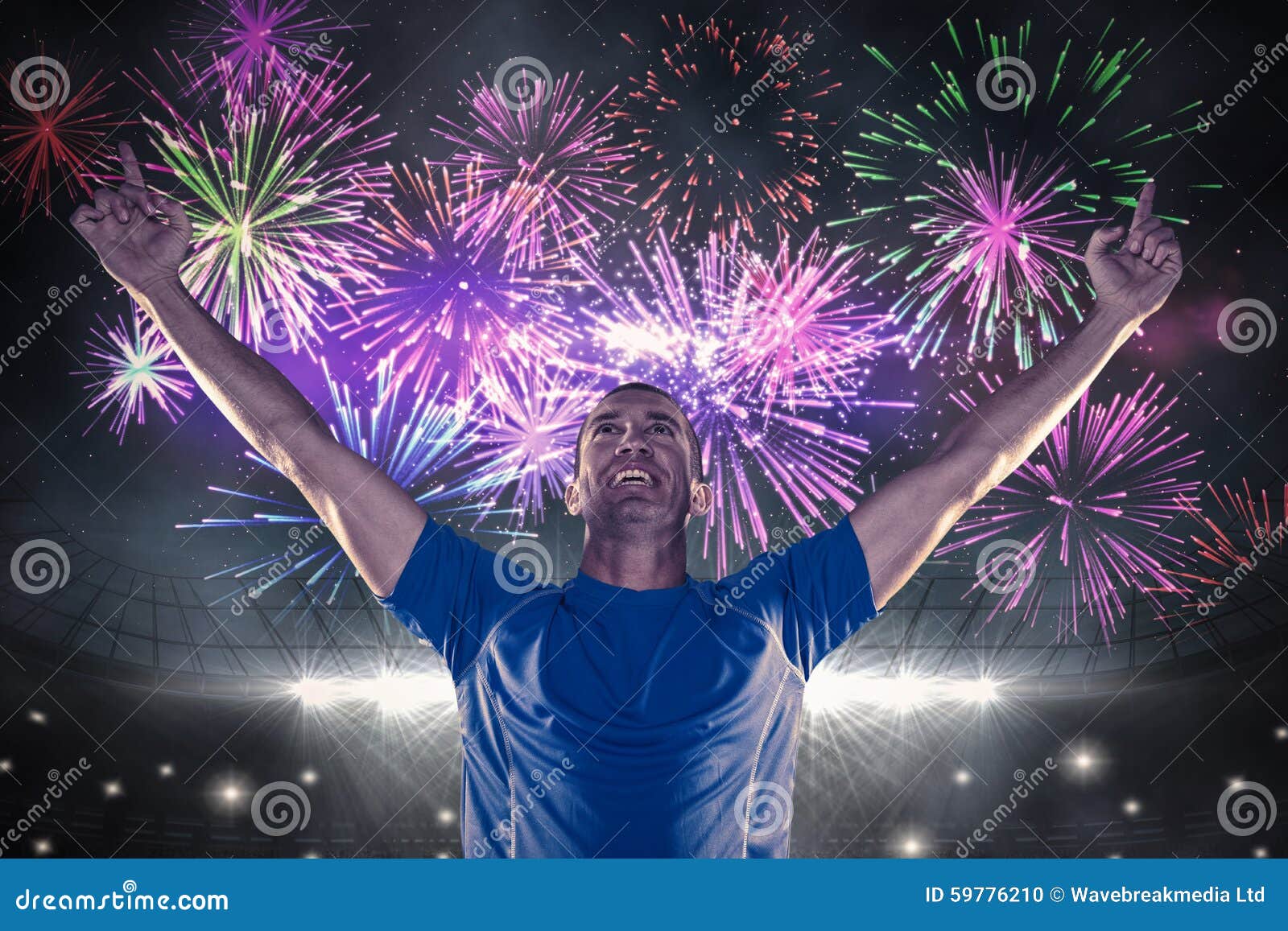 Composite Image of Happy Rugby Player with Arms Raised Stock Photo ...